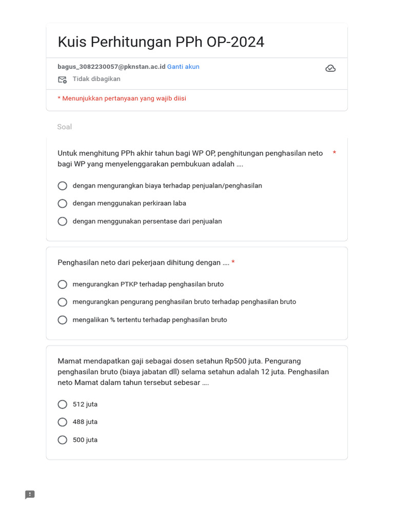 Unsur Perhitungan PPh OP-2024 kuis | PDF