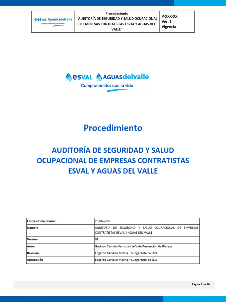 Procedimiento - AUDITORÍA DE SEGURIDAD Y SALUD OCUPACIONAL DE EMPRESAS CONTRATISTAS | PDF ...