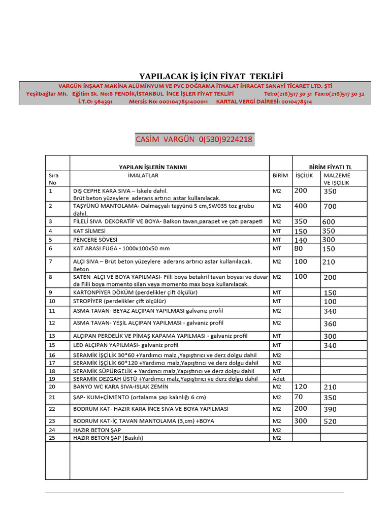 FİYAT TEKLİFİ Enson Revize | PDF