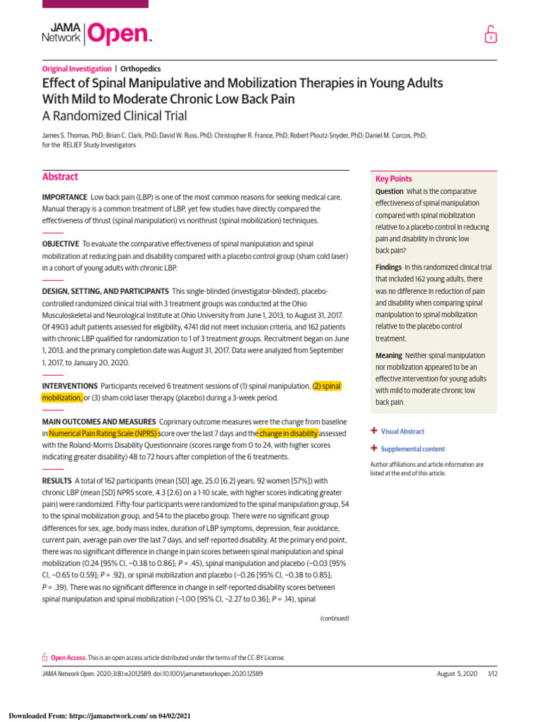 Effect of Spinal Manipulative and Mobilization Therapies in Young ...