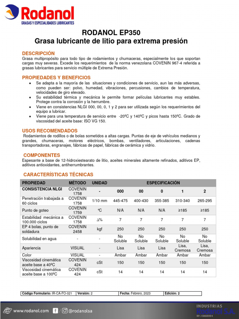 Grasa Lubricante Rodanol EP350 | PDF | Lubricante | Materiales