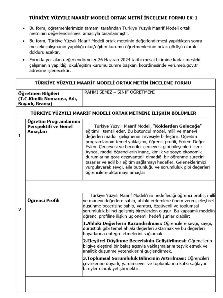 T Rkiye Y Zy L Maarif Modeli Ortak Metni Nceleme Formu Ek-1 4. S N F | PDF