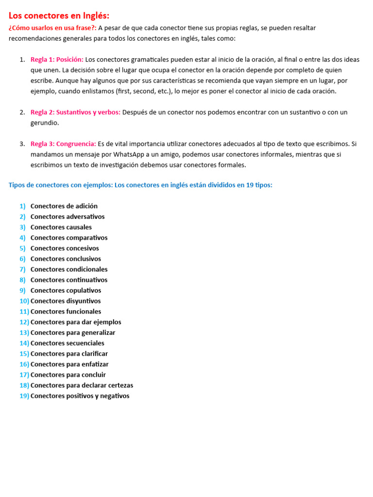 Tipos y Ejemplos de Conectores en Inglés | PDF | Oración (Lingüística ...