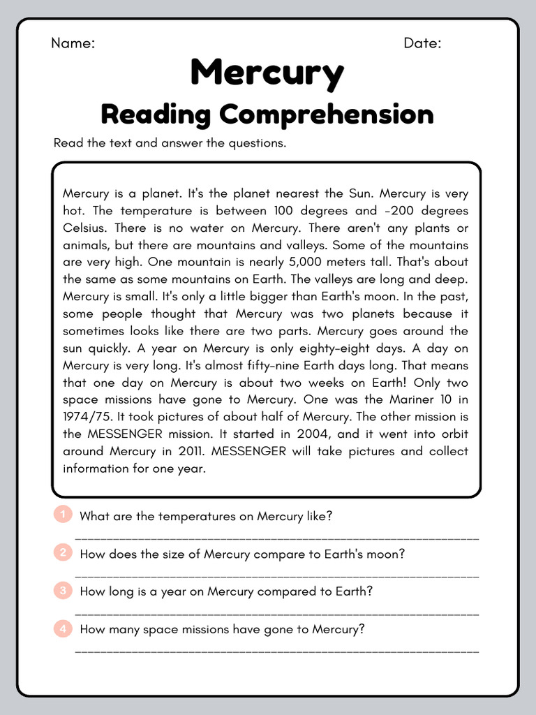 Planets English Reading Comprehension Worksheet in Colorful Simple ...