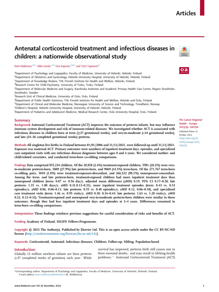 Antenatal Corticosteroid Treatment and Infectious | PDF | Preterm Birth ...