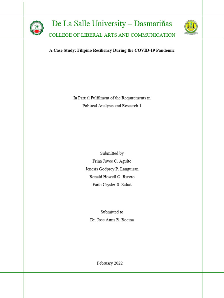 A Case Study Filipino Resiliency During COVID-19 Pandemic (From LLD ...