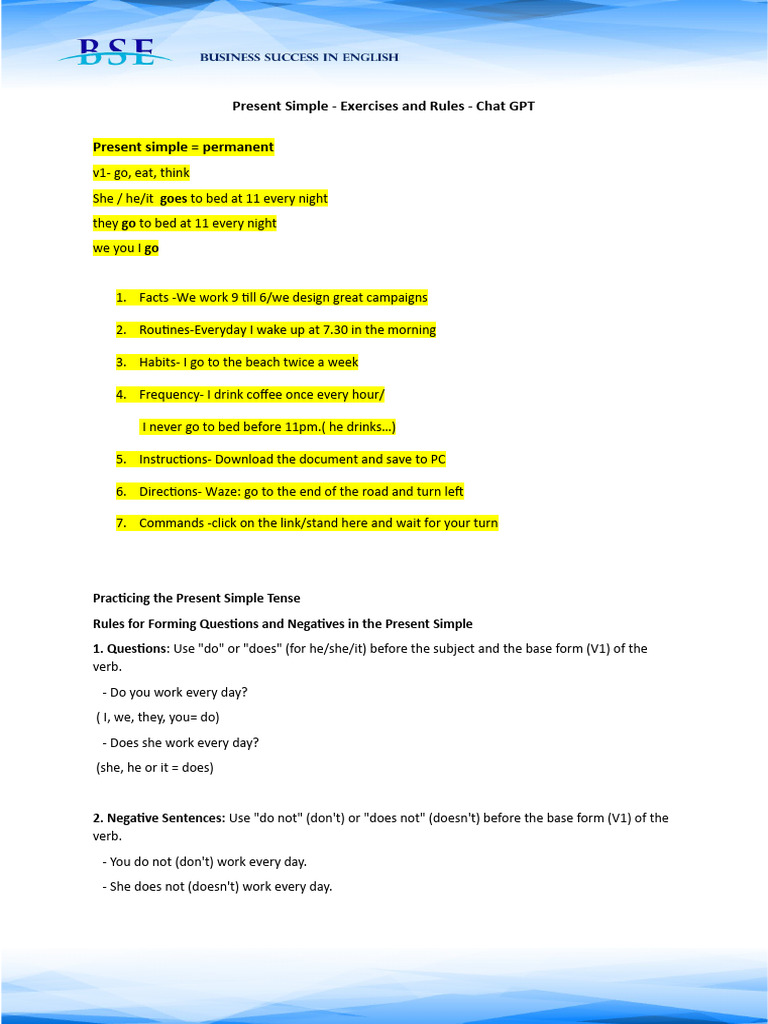 Present Simple - Exercises and Rules - Chat GPT | PDF | Grammar | Language Mechanics