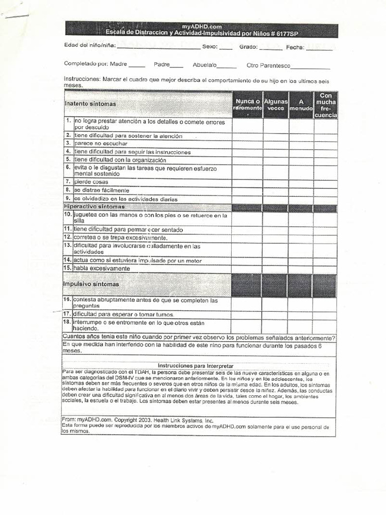 Distraccion e Inpulsividad Niños | PDF