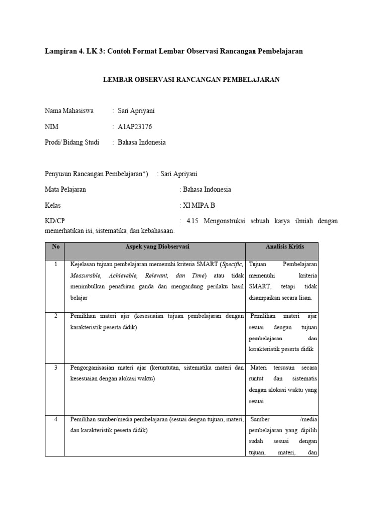 Lampiran 4. LK 3 Contoh Format Lembar Observasi Rancangan Pembelajaran ...