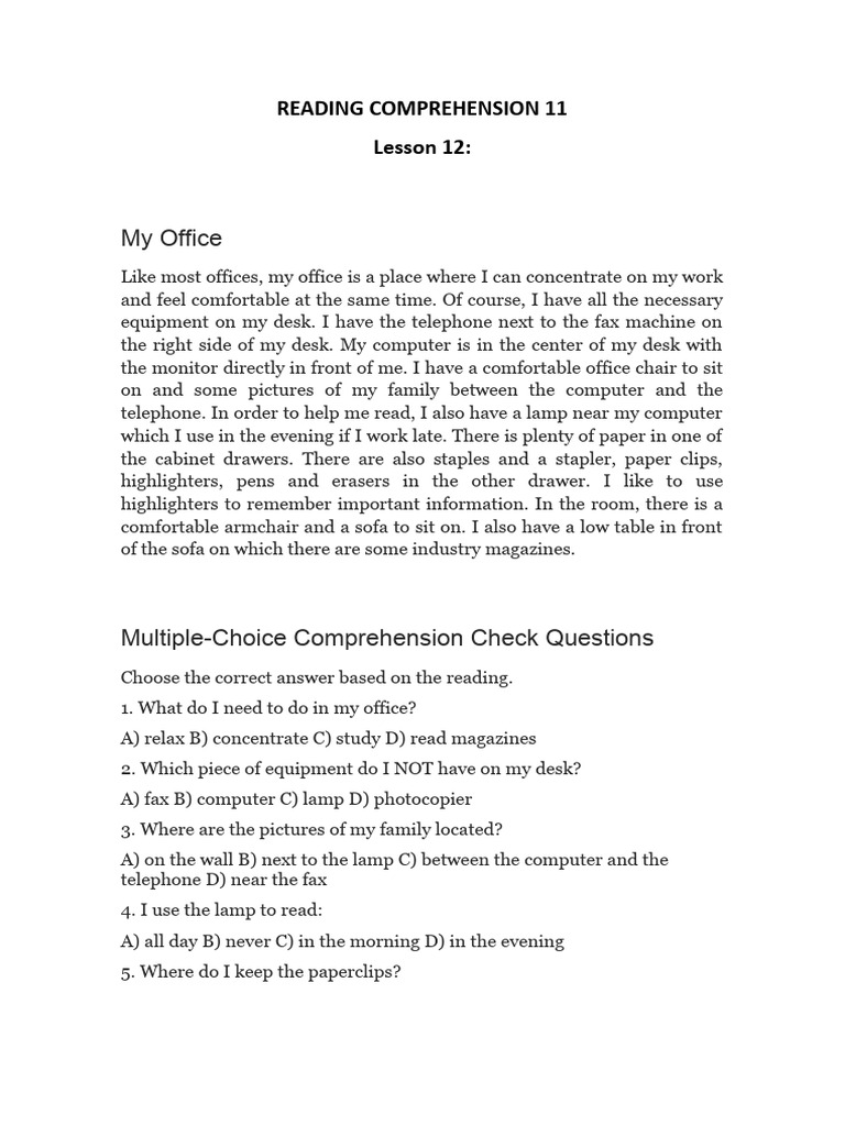 Reading Comprehension 8 Pdf Office Work Furniture