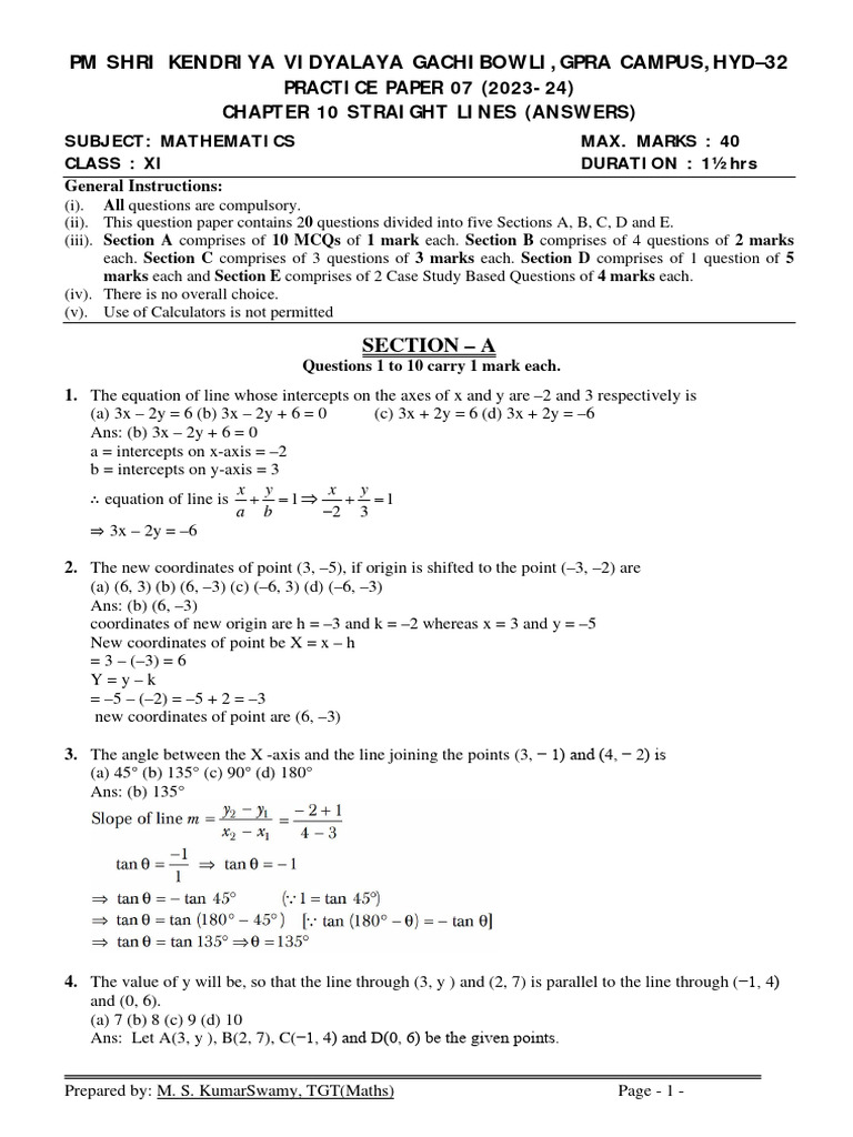 Maths Class Xi Chapter 10 Straight Lines Practice Paper 07 Answers | PDF | Triangle | Slope