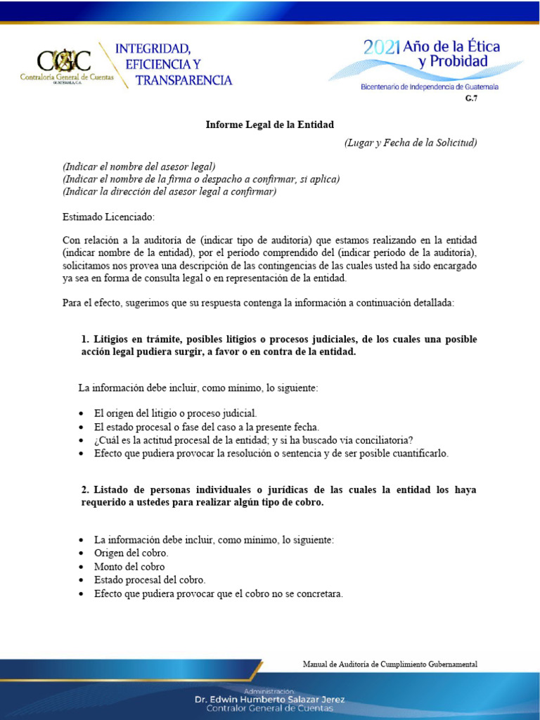 Guia 7 Informe legal de la entidad | PDF | Auditoría | Ley procesal
