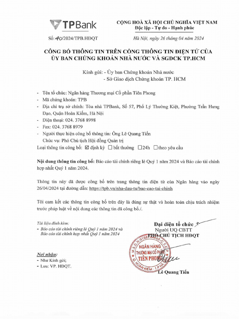 TPB - BCTC Hop Nhat Q1.2024 | PDF