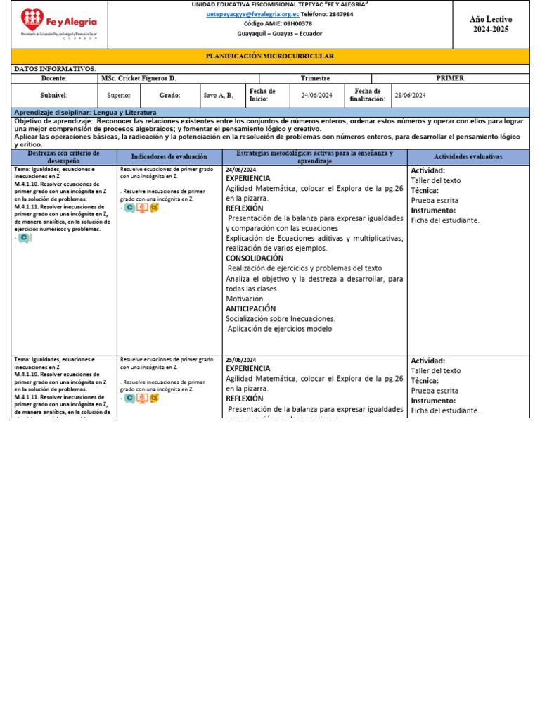 Formato de Planificación - Tekman | PDF | Ecuaciones | Matemáticas