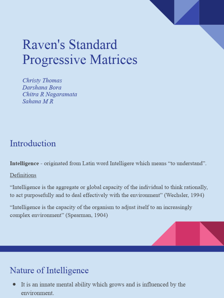 Raven's Standard Progressive Matrices: Christy Thomas Darshana Bora ...