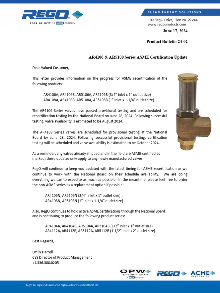 CES_RegO_PB24-02 AR4100 & AR5100 Series ASME Certification Update | PDF