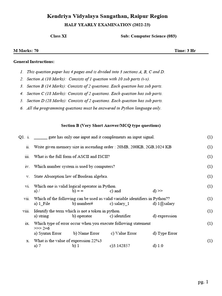Xi CS - QP - 083 Hye 2022-23 | PDF | Computer Program | Programming