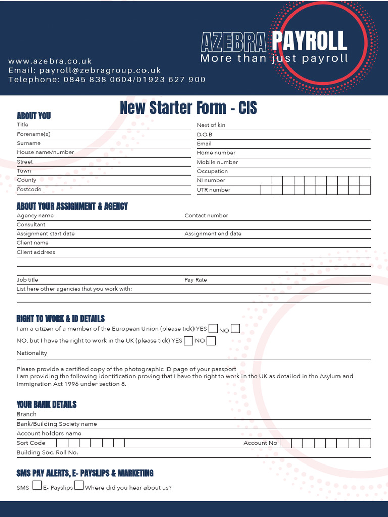 CIS New Starter Form CIS Editable | PDF | Overtime | Identity Document