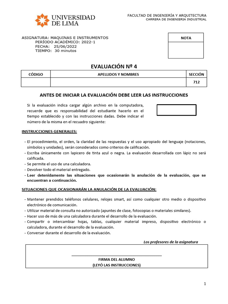 Evaluacion Con Calculadora 2022 712 NOTA 4 | PDF | Calculadora | Motor de combustión interna