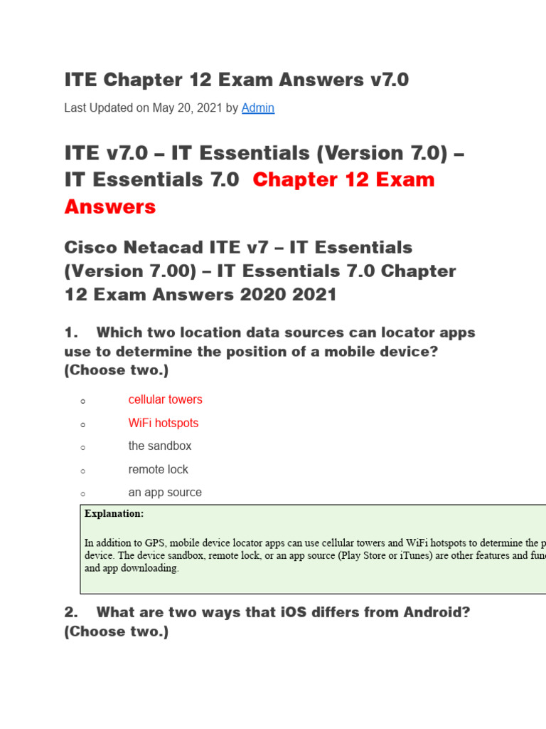 ITE Chapter 12 Exam Answers v7 | PDF | Ios | Computer File