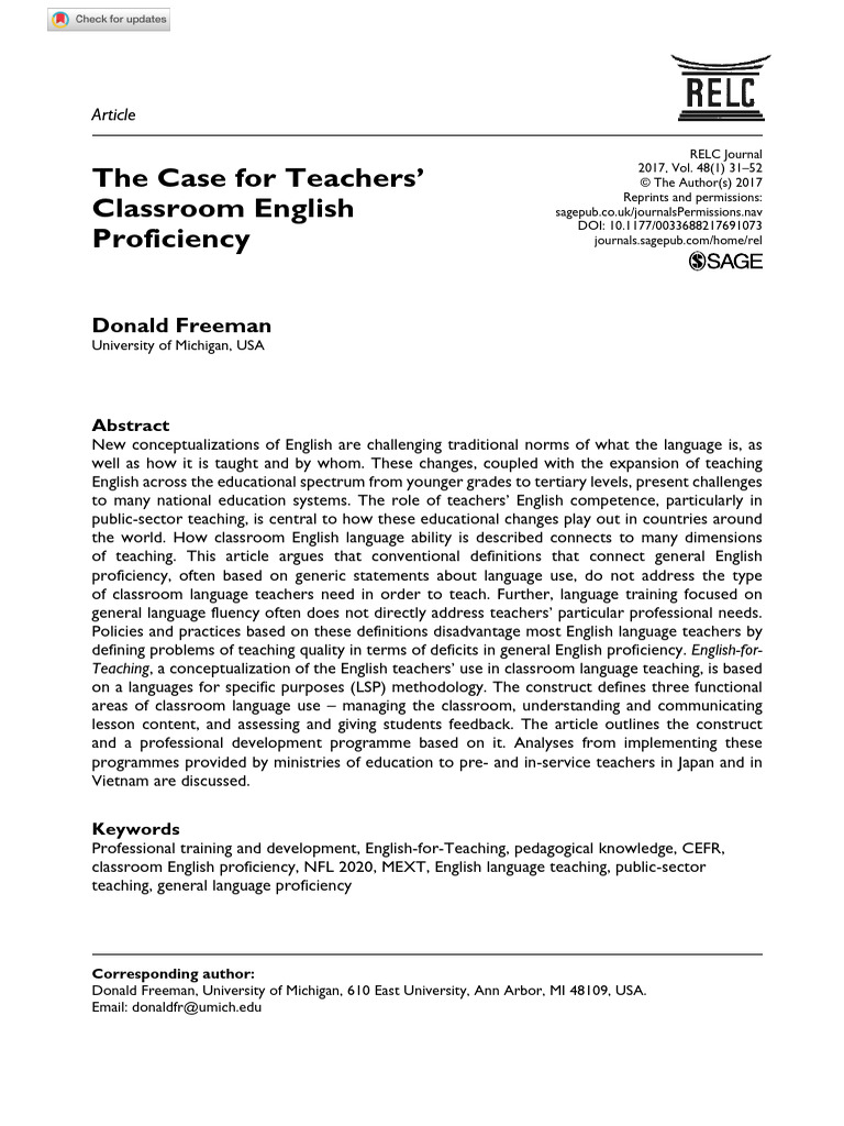 Freeman 2017 The Case For Teachers Classroom English Proficiency | PDF ...