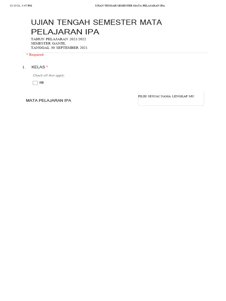 UJIAN TENGAH SEMESTER KELAS 9B MATA PELAJARAN IPA - Google Forms | PDF