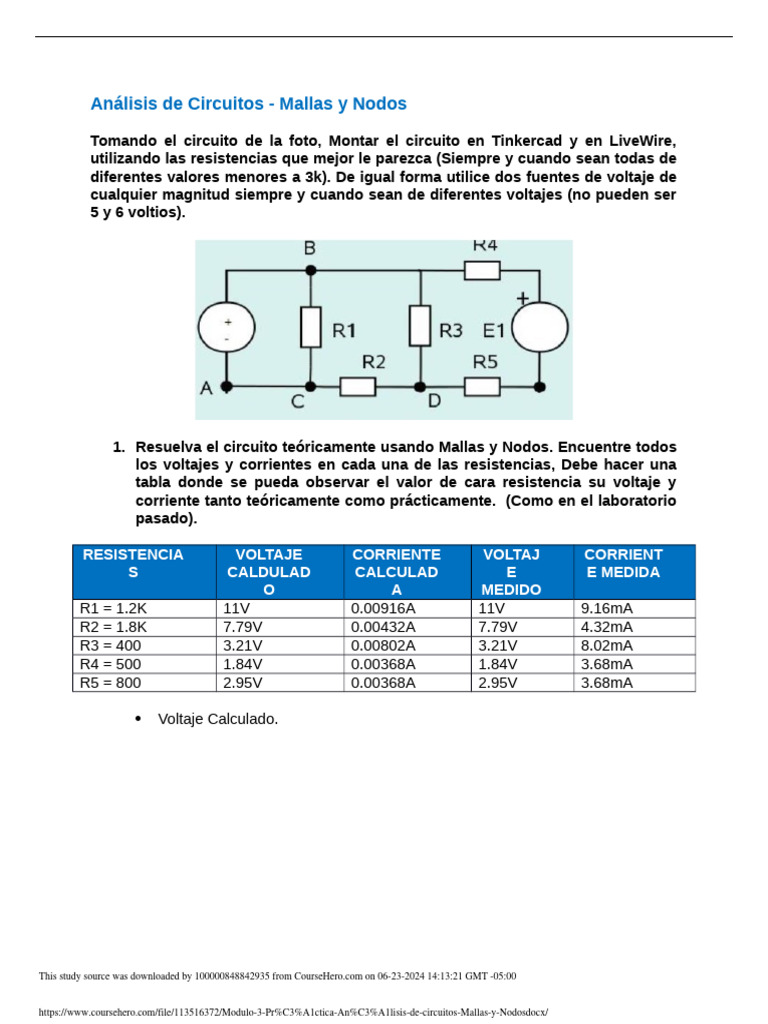 Modulo 3 PR Ctica An Lisis de Circuitos Mallas y Nodos | PDF | Resistencia Eléctrica y ...
