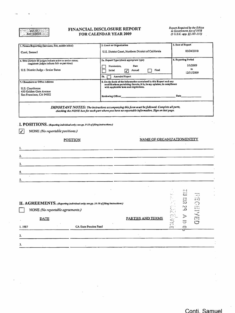 Samuel Conti Financial Disclosure Report For 2009 | PDF | Federal ...