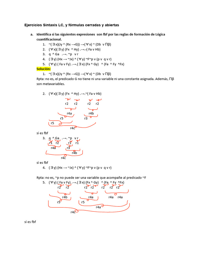 Ejercicios Sintaxis LC, y Fórmulas Cerradas y Abiertas | PDF | Lógica | Lógica matemática