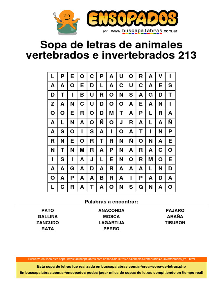 Sopa de Letras de Animales Vertebrados e Invertebrados - 213 | PDF