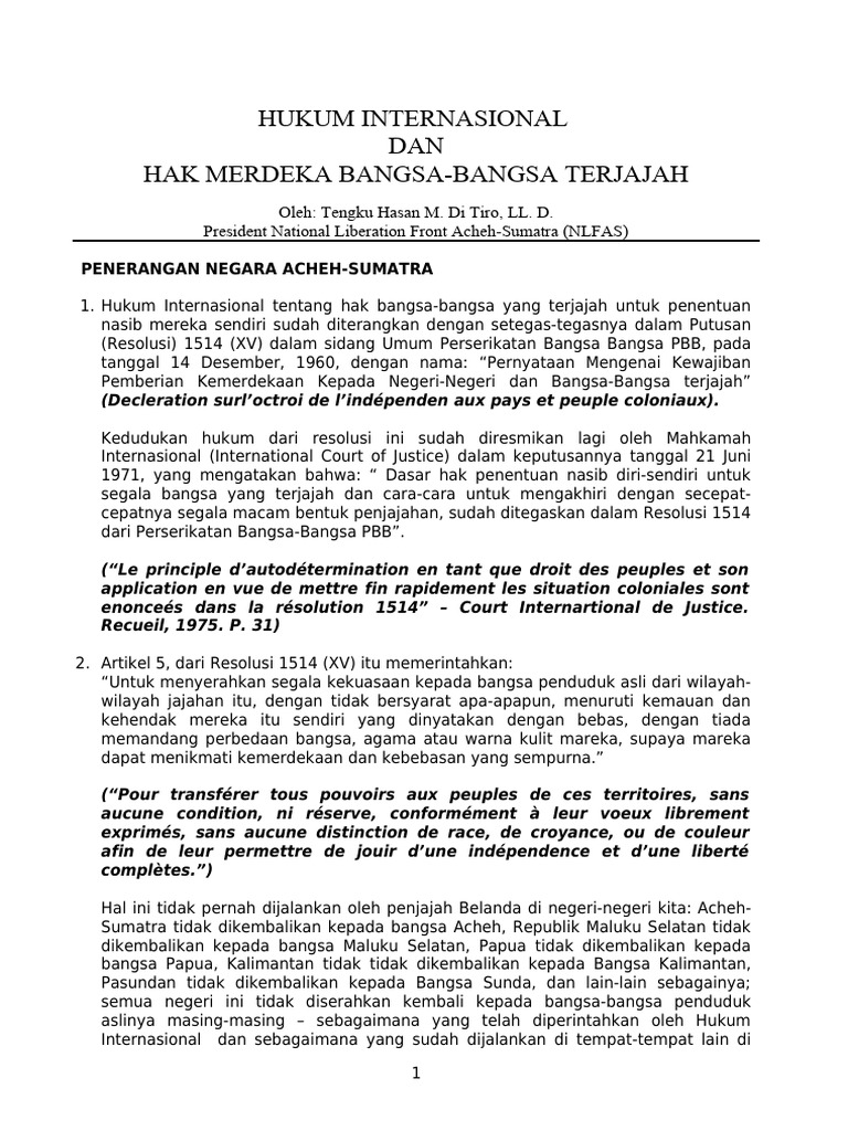 Hukum Internasional Dan Hak Merdeka Bangsa Bangsa Terjajah Tengku | PDF