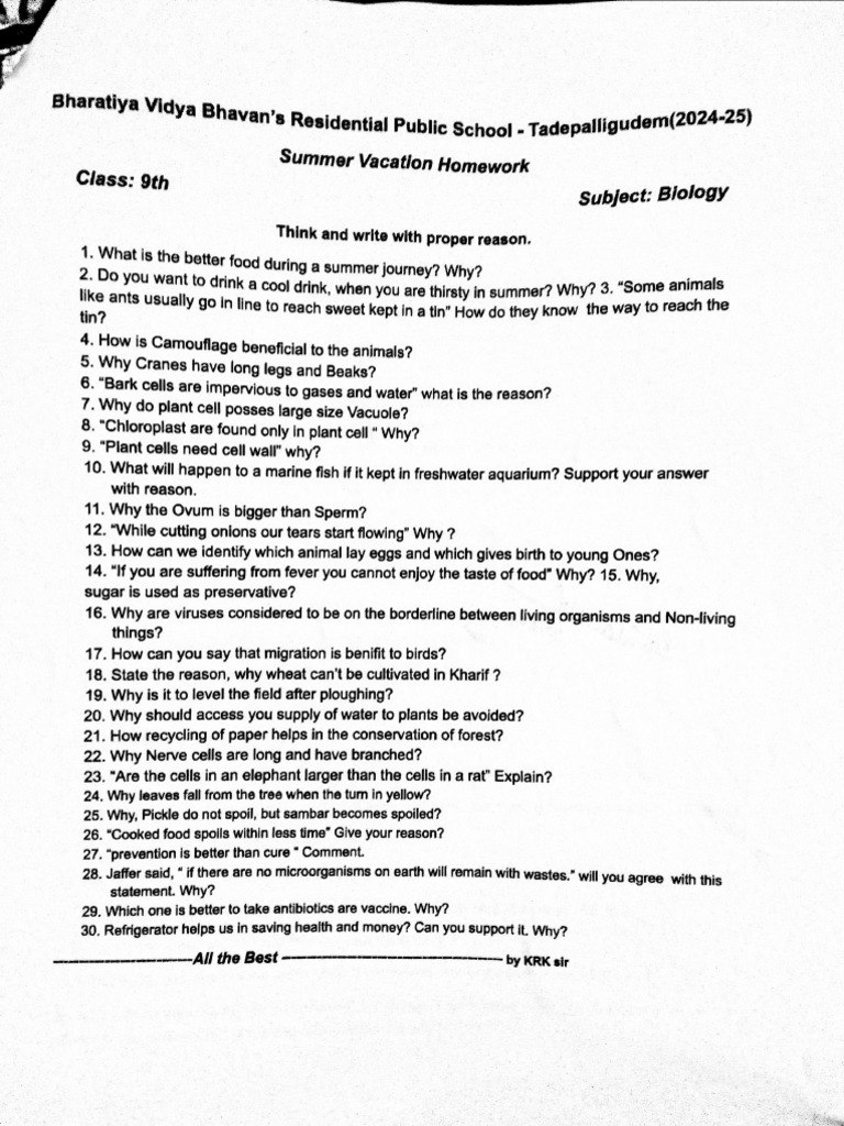IX BIOLOGY Holiday Homework | PDF