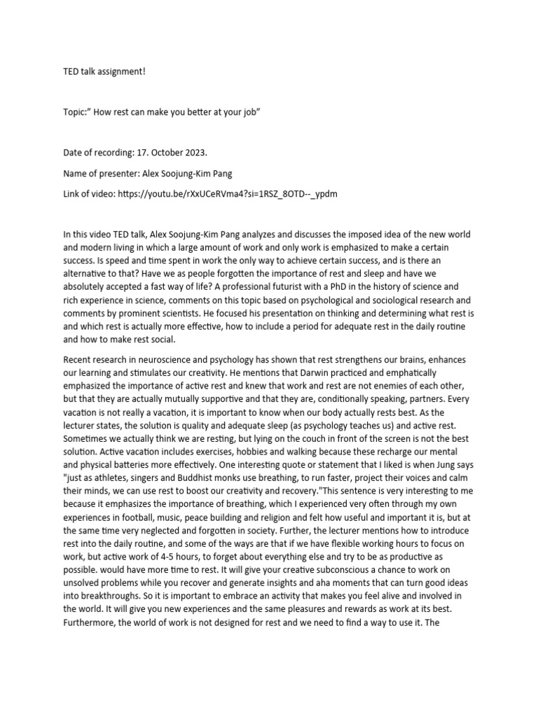 TED Talk Assignment | PDF | Psychology | Sleep