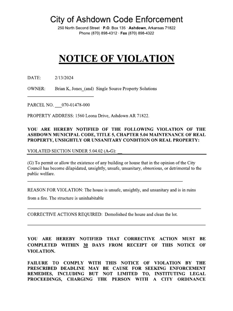 1560 LEONA DR Code Violation Dated February 13 2024 | PDF