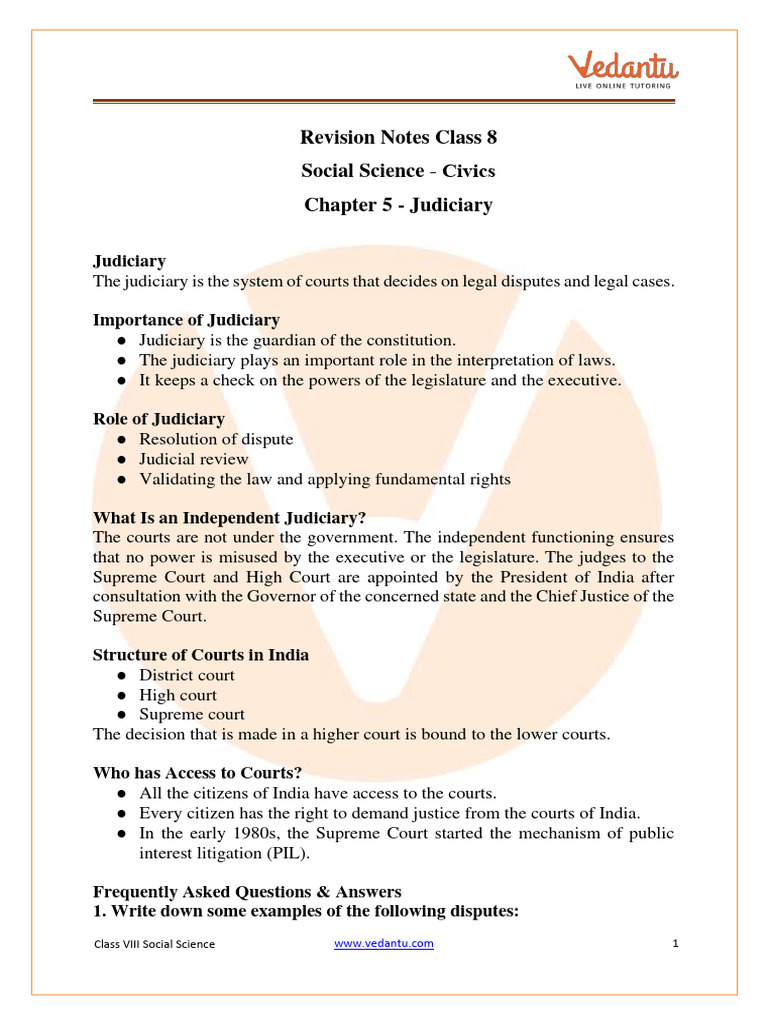 Judiciary Class 8 Notes CBSE Political Science Chapter 5 PDF | PDF ...