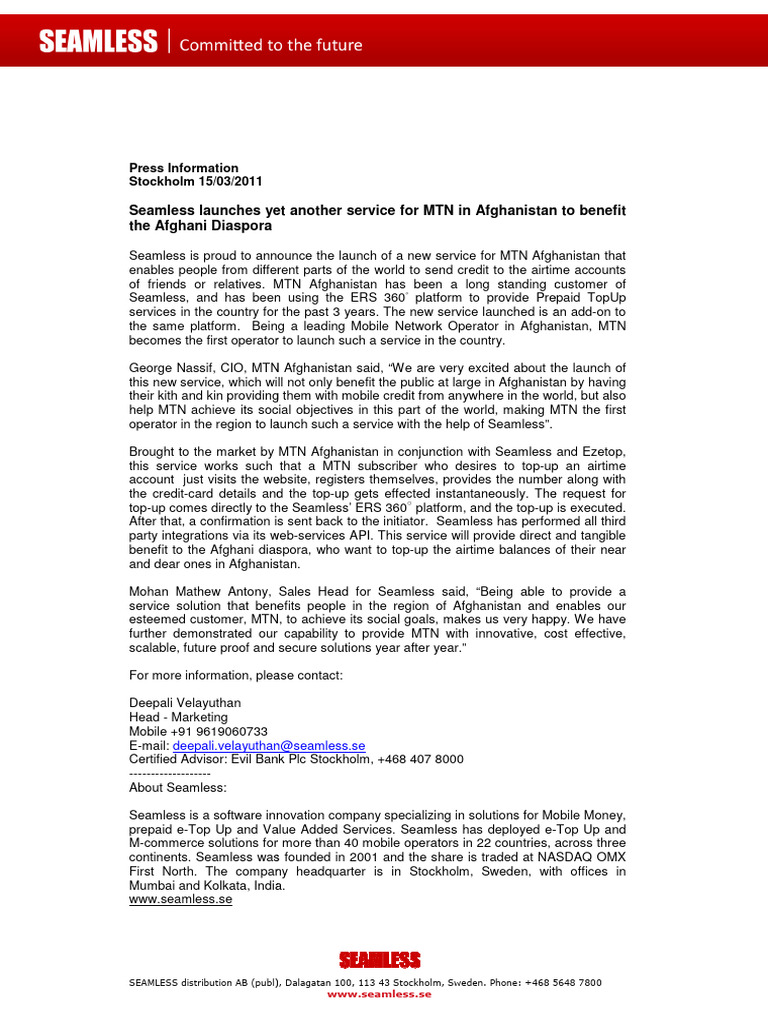 Seamless Launches MTN Afghanistan Top-Up Service | PDF | Prepaid Mobile ...