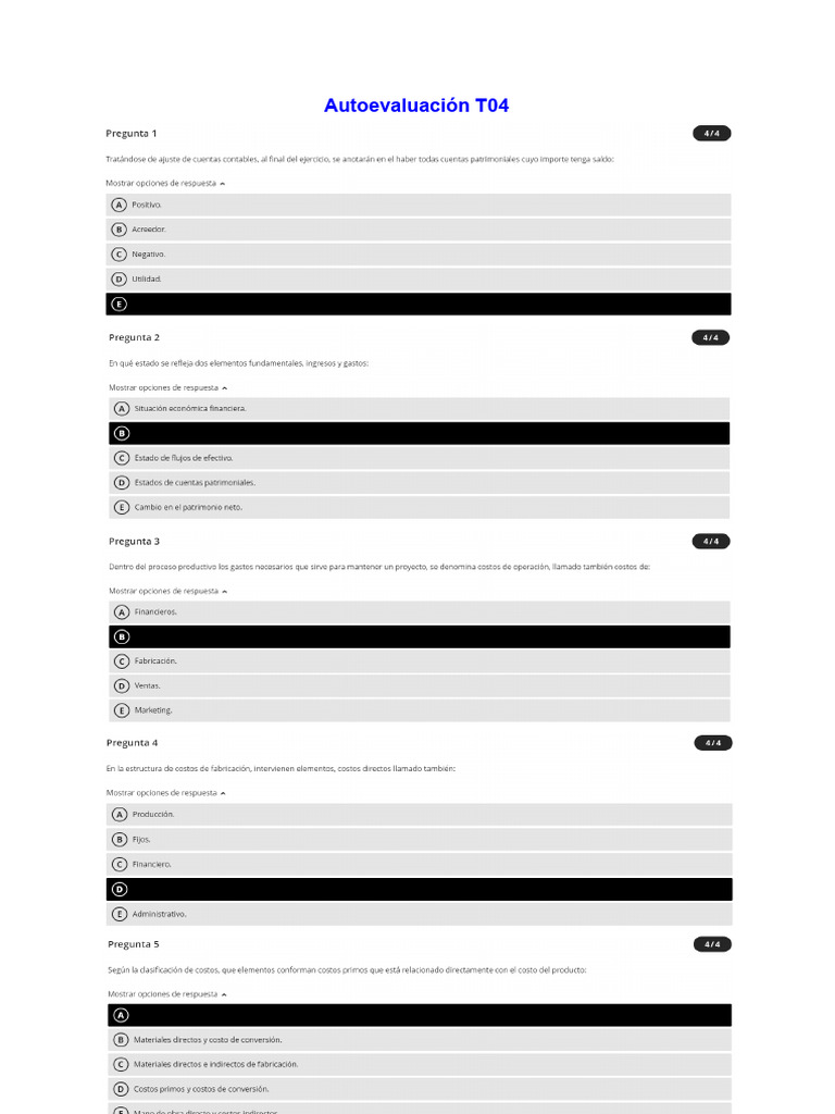 Autoevaluación T04 - CONTABILIDAD, COSTOS Y PRESUPUESTOS | PDF