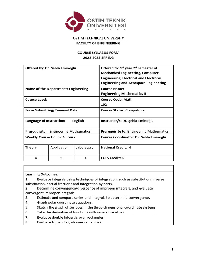 Engineering Mathematics Ii Syllabus Pdf Integral Vector Space