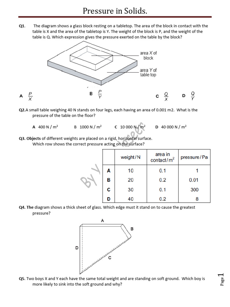 Physics: Pressure in Solids Quiz | PDF | Pressure