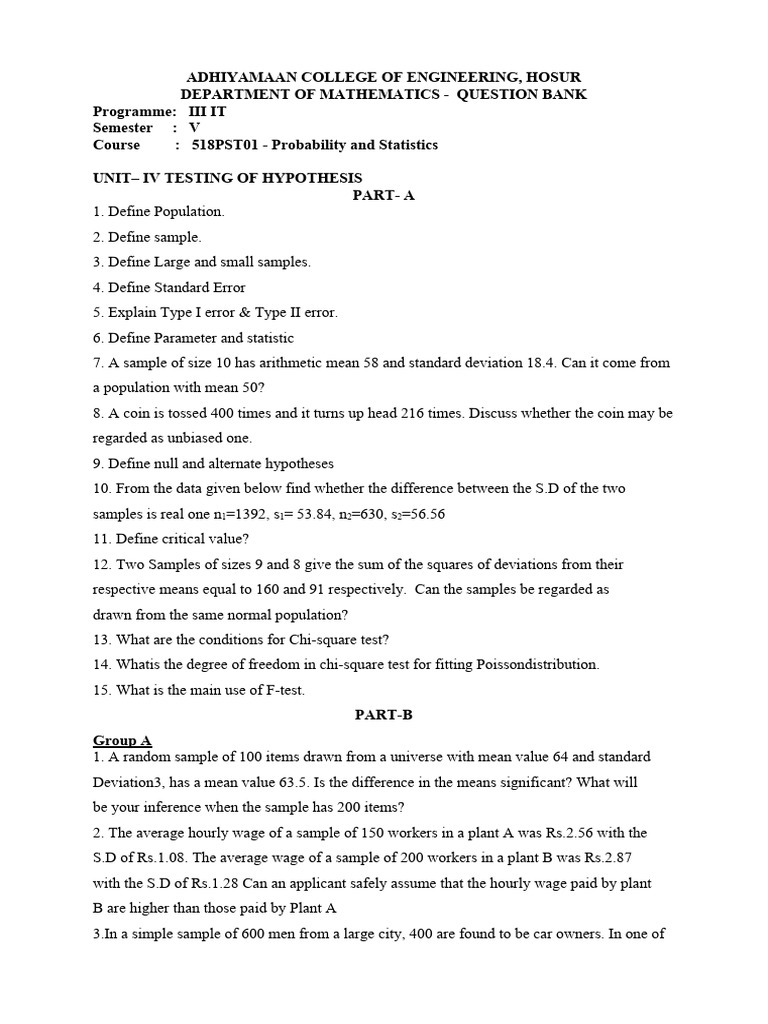 Probability & Statistics Hypothesis Test | PDF | Mean | Statistical ...