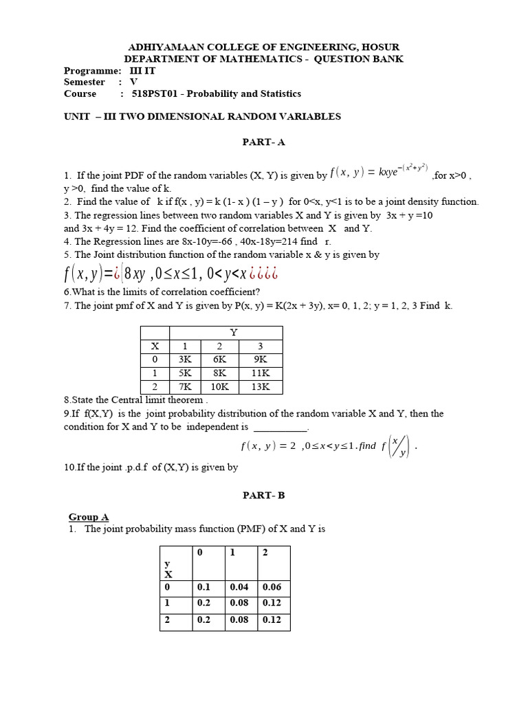 518PST01-P&S-unit III-Qnbank | PDF | Probability Density Function | Applied Mathematics