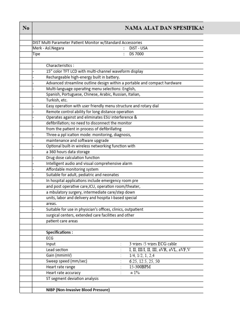 Multi-Parameter Patient Monitor DS 7000 | PDF | Blood Pressure