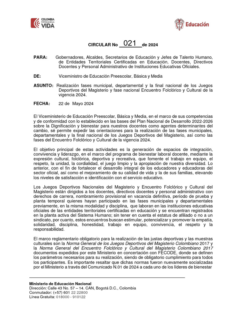 Circular 021 Del 22 de Mayo de 2024 Realización Fases Municipal, Departamental La Final Nacional ...