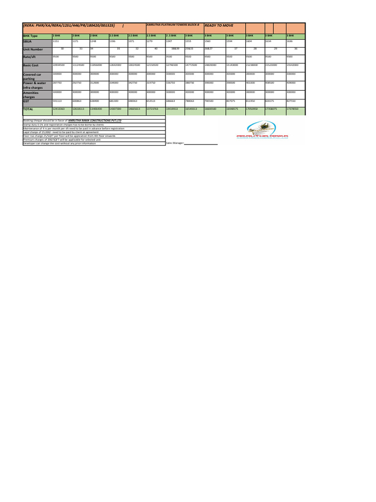 Amrutha Platinum TOWERS B BLOCK COST Sheet PDF | PDF | Taxes | Payments