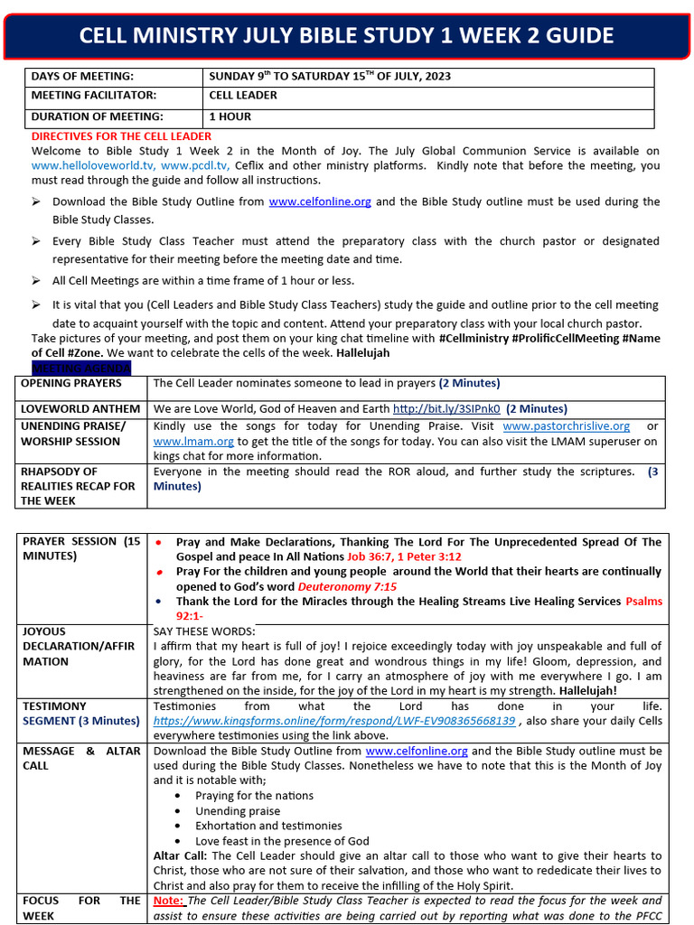 Cell Ministry July Bible Study 1 Week 2 Guide: Directives For The Cell ...