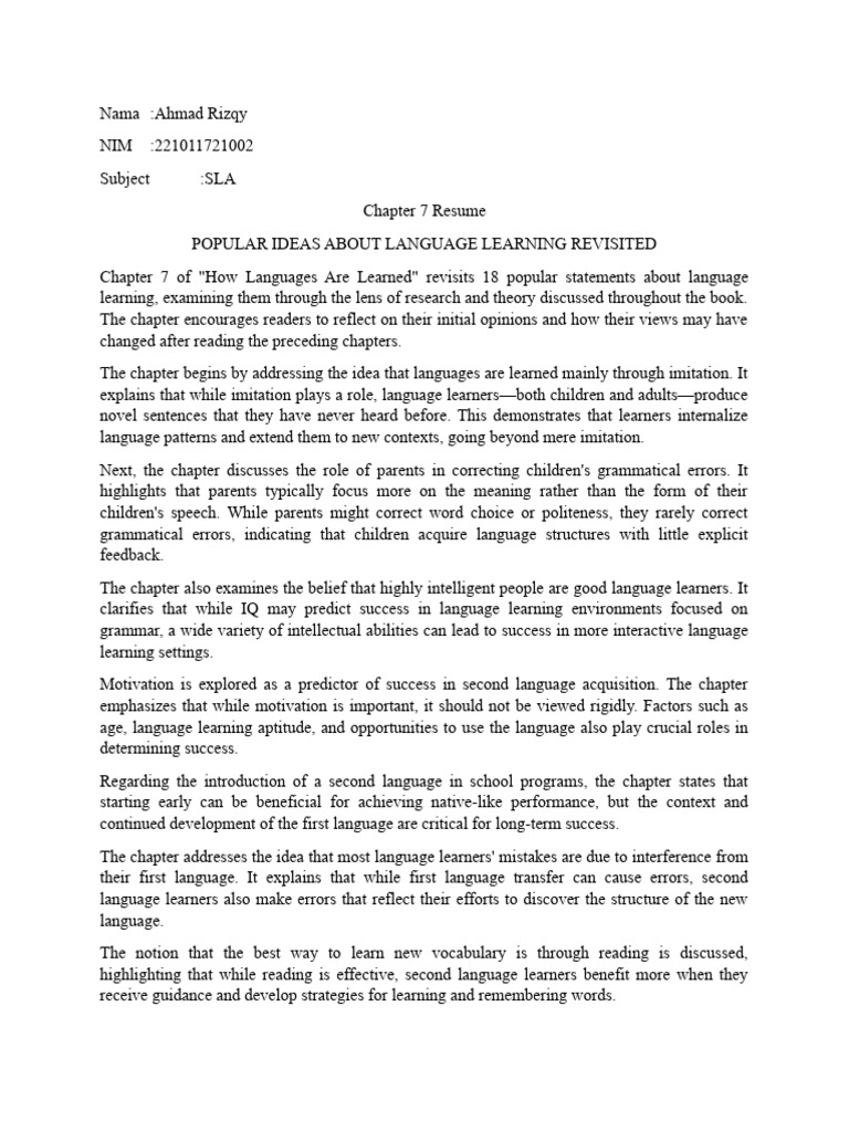 SLA - Chapter 7 Resume - Ahmad Rizqy | PDF | Second Language ...