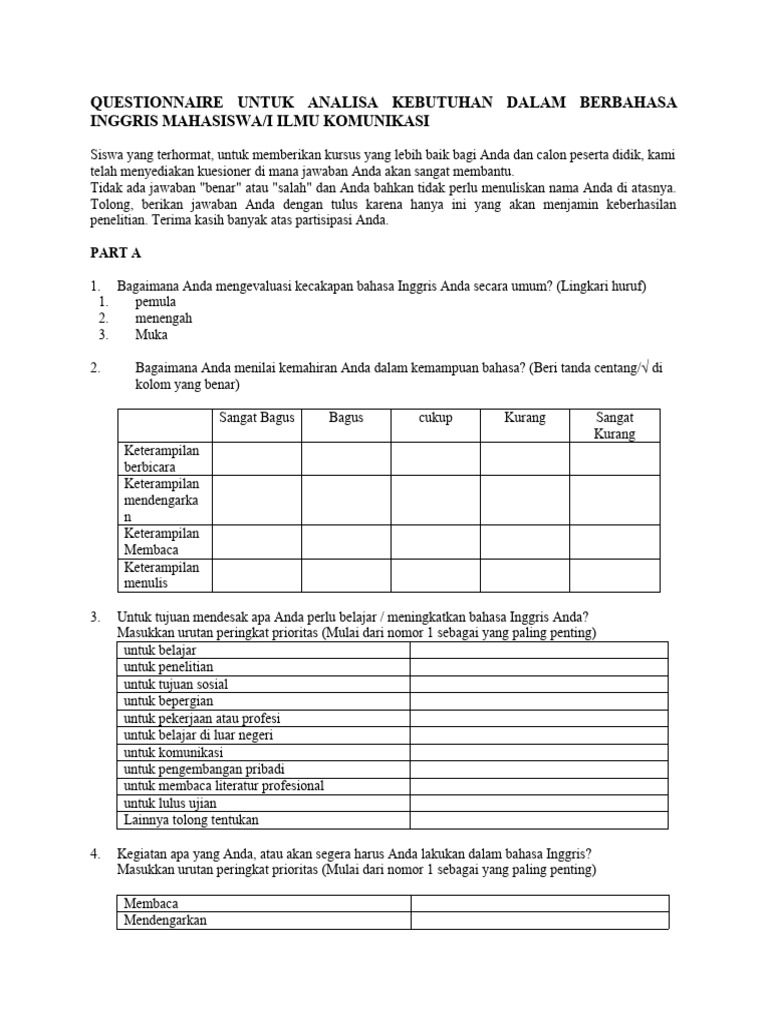 Kuisioner Mahasiswa Ilkom - Esp G 4 | PDF | Seni & Disiplin Bahasa | Kajian Bahasa Asing