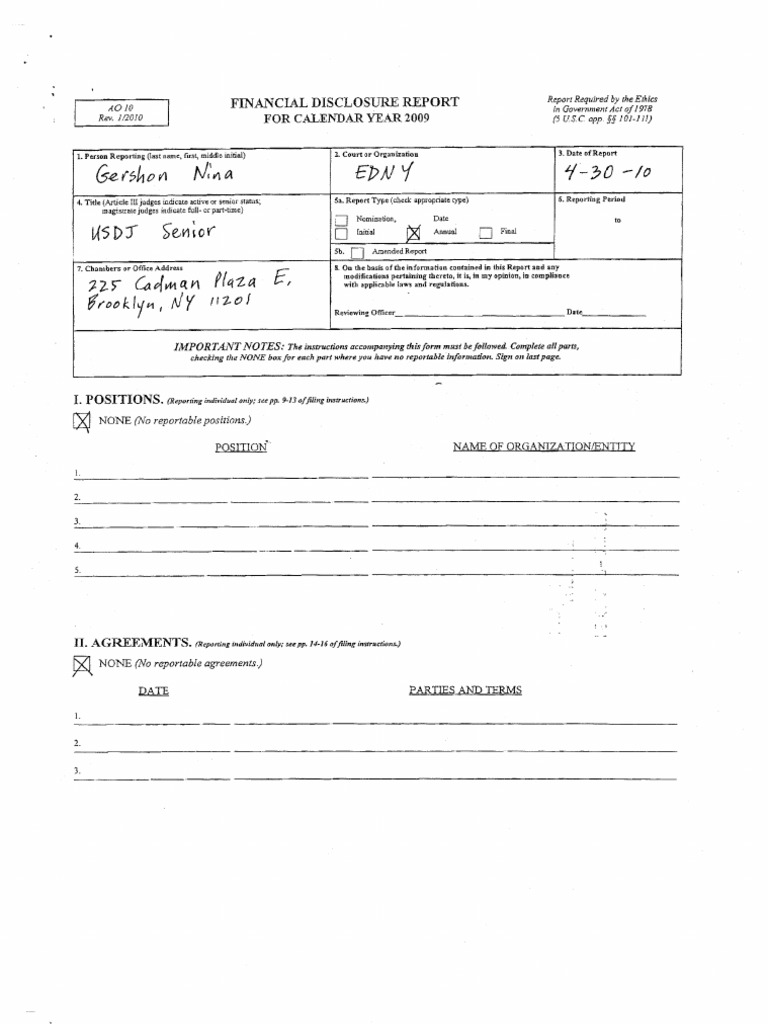 Nina Gershon Financial Disclosure Report For 2009 | PDF | United States ...