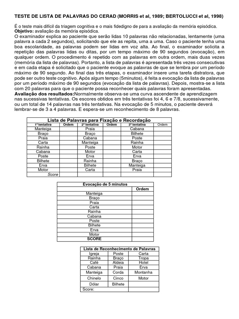 Teste de Memória CERAD: Lista de Palavras | PDF | Cognição | Ciência ...
