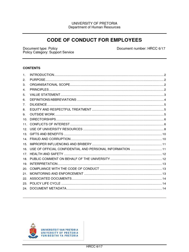 University of Pretoria Employee Conduct Code | PDF | Employment | Conflict Of Interest